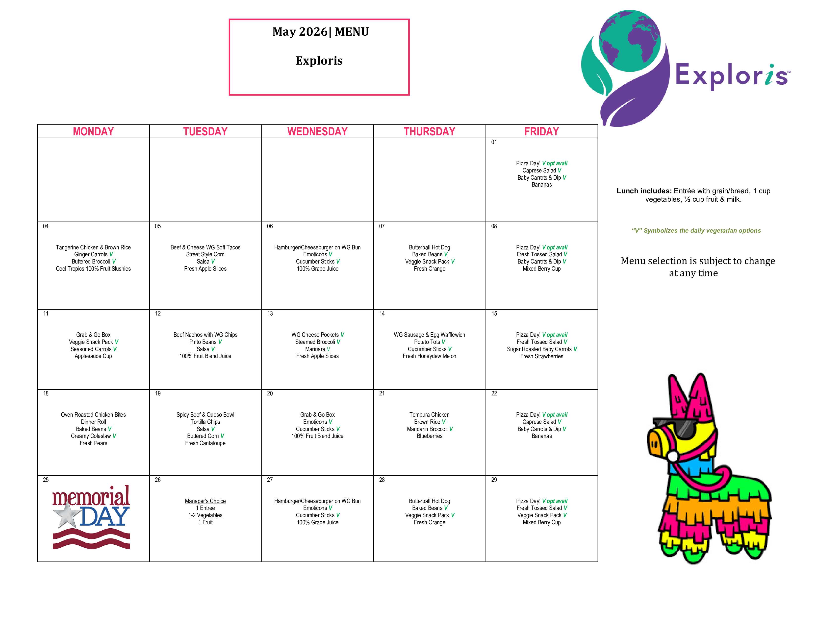 School Lunch Program Details & Calendar | Exploris